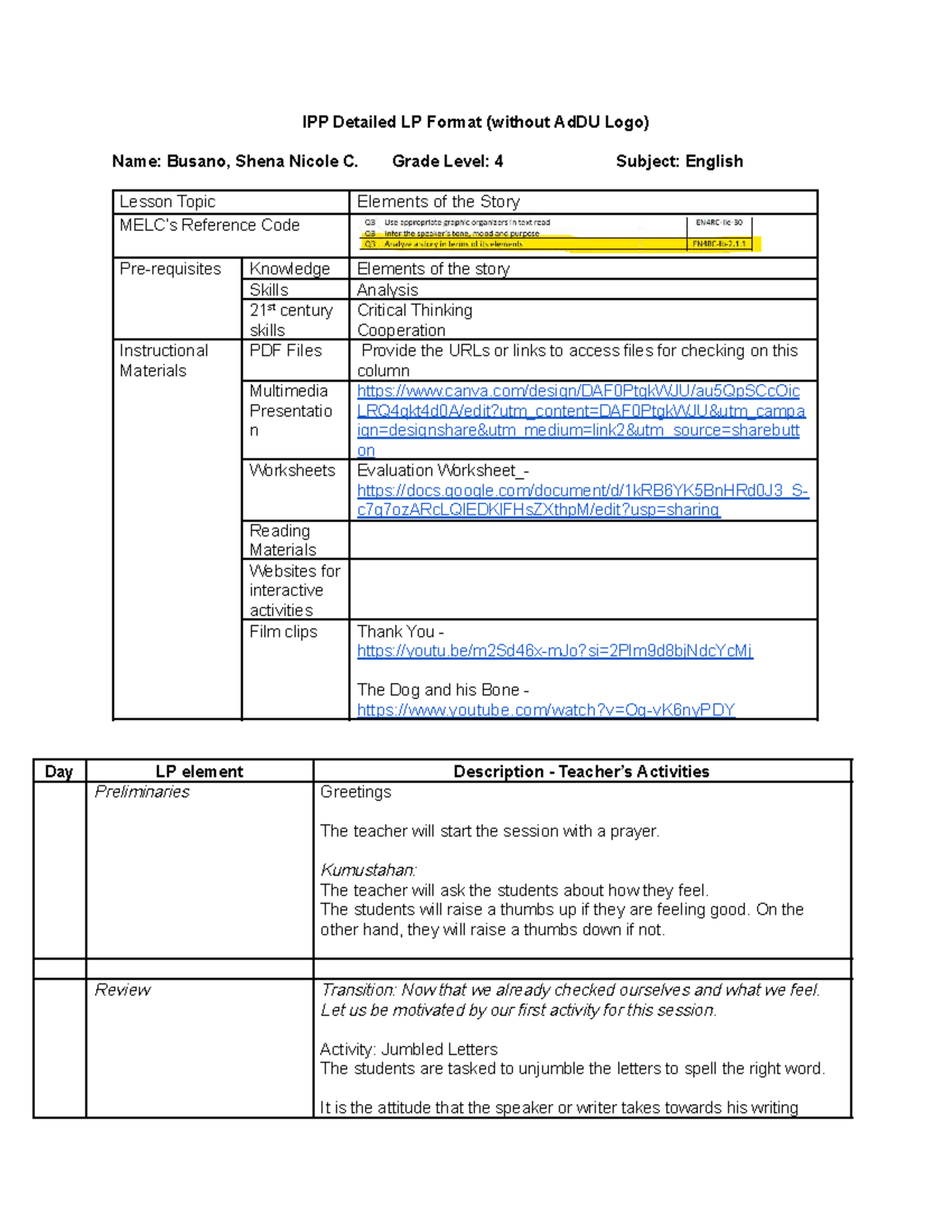 IPP Lesson Plan: Analyzing Elements of the Story in English - Studocu