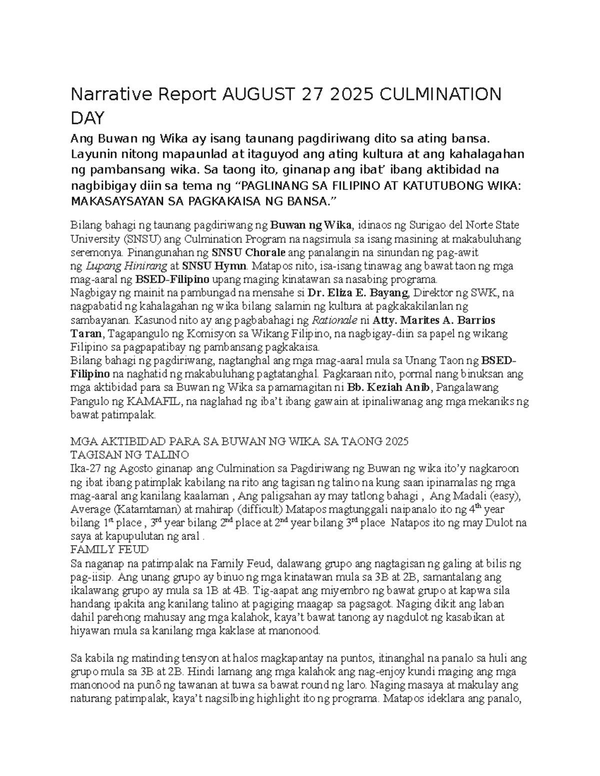 Narrative Report on Culmination Day Activities - Buwan ng Wika 2025 ...