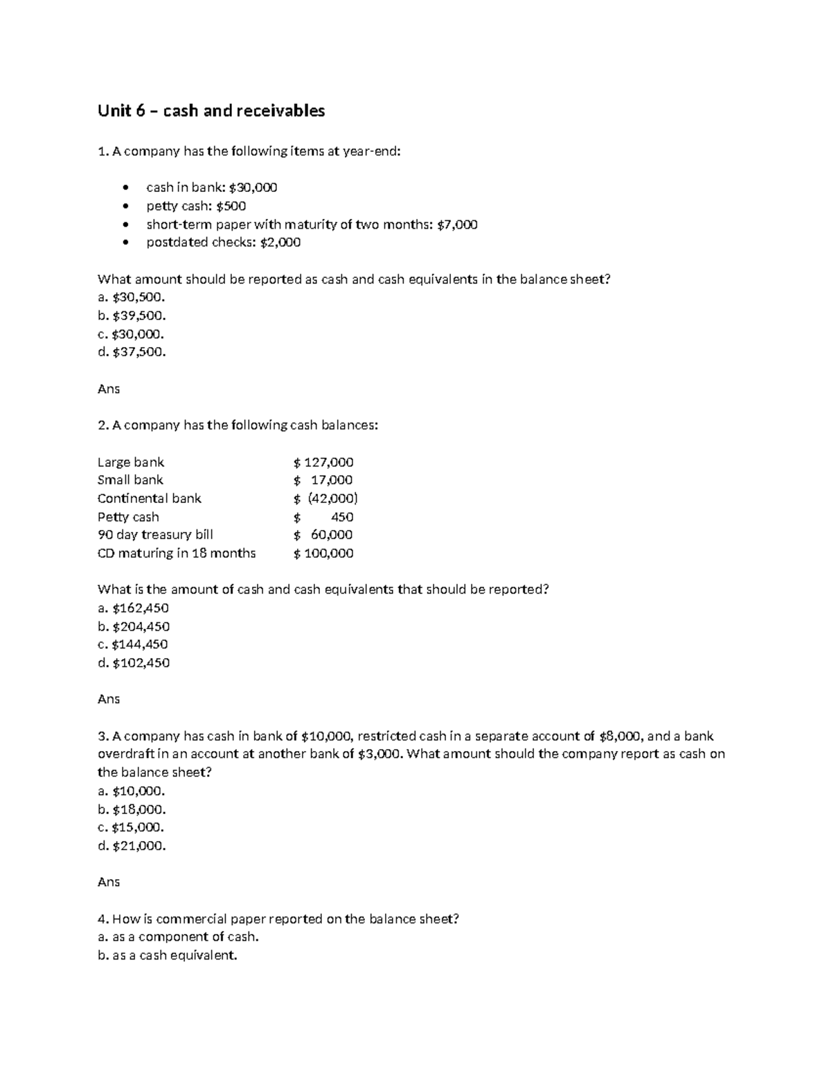 CD-Unit 6 Cash and Receivables Practice Questions 2025 - Studocu