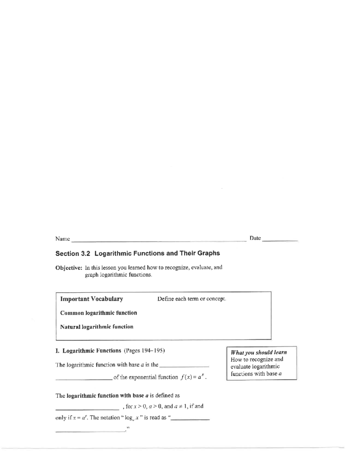 3.2 Logarithmic Functions and Their Graphs: Key Concepts and Examples ...