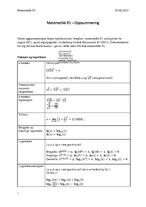 Matematikk R1 – Oppsummering av Grunnleggende Konsepter - Studocu