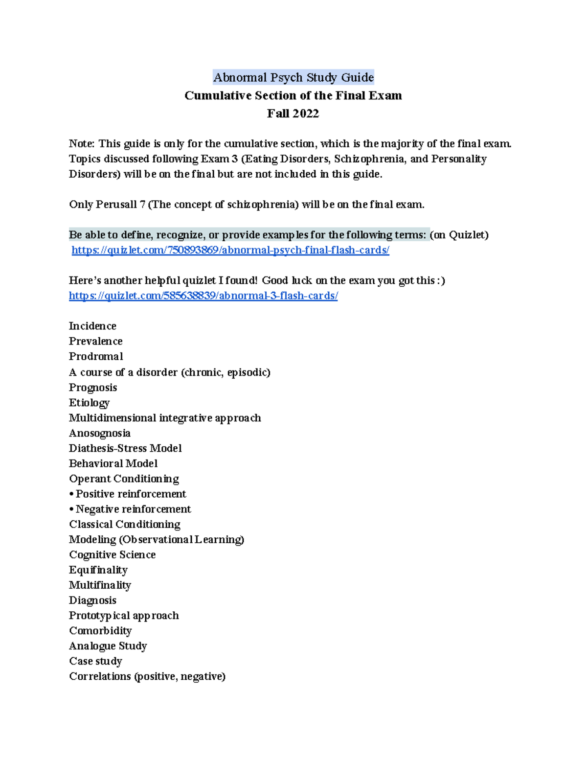 Abnormal psyc cummulative section of the final - Abnormal Psych Study ...