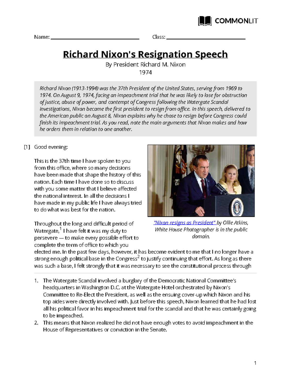 Common Lit Richard Nixon's Resignation Speech - Name: Class: "Nixon ...