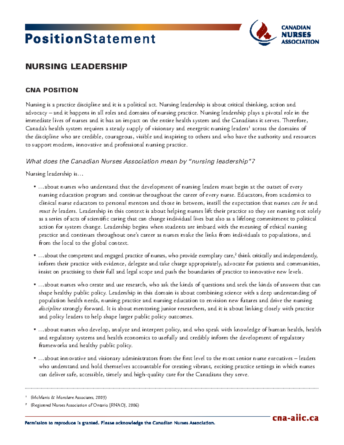 Nursing Leadership: A CNA Position Statement on Essential Roles and ...