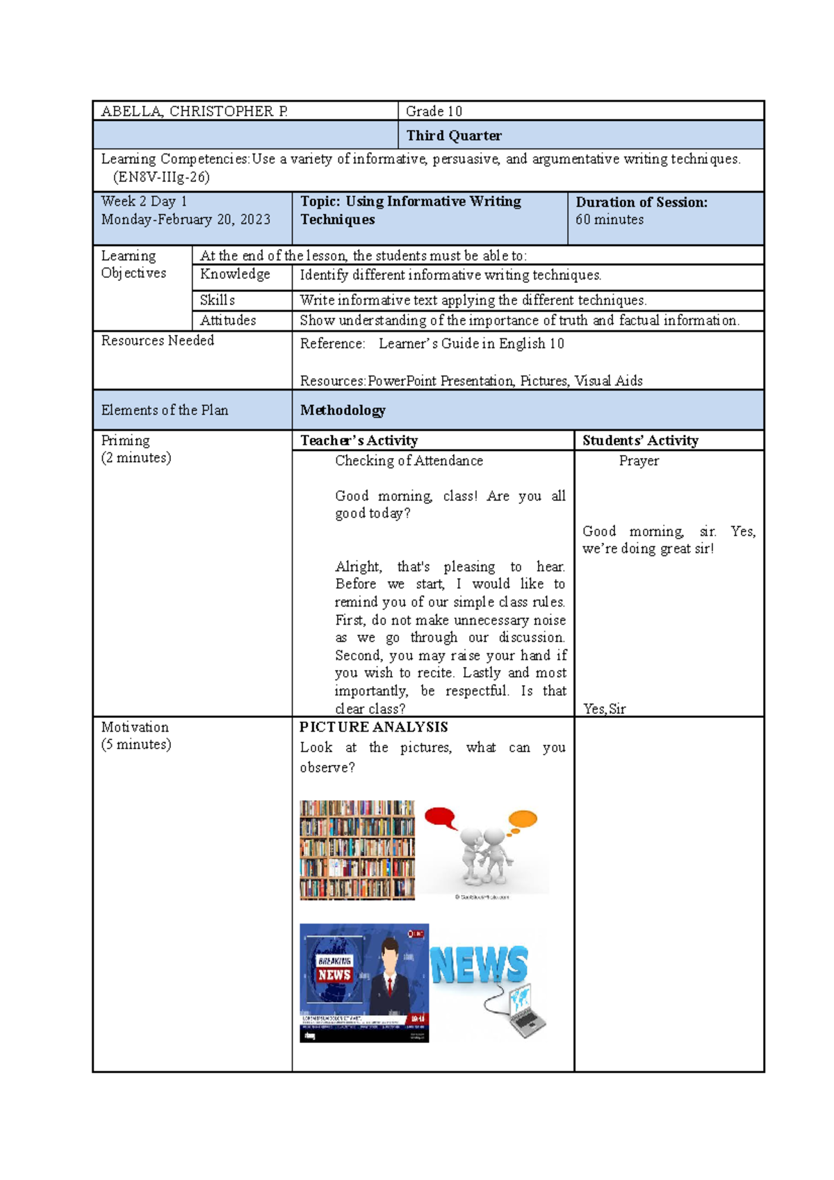 1st DLP - Using Informative Writing - ABELLA, CHRISTOPHER P. Grade 10 ...