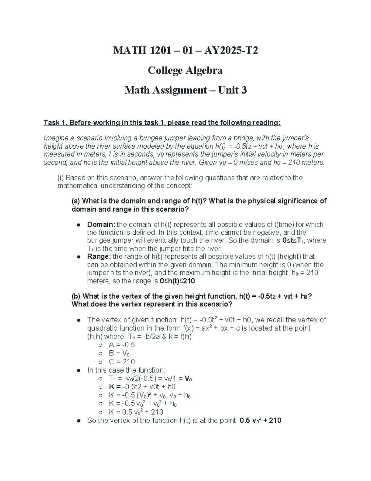 Math Assignment - MATH 1201 Unit 3: Bungee Jumping and Traffic Analysis ...