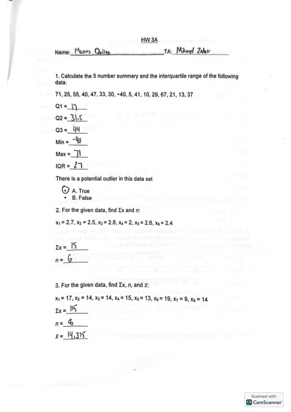 Statistics HW 3A: Summary, Outliers, and Z-Scores Analysis - Studocu