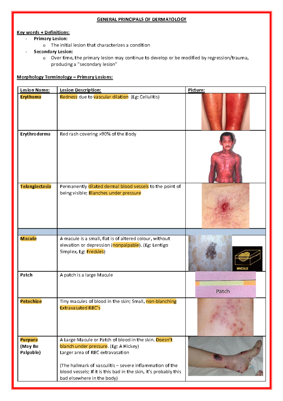 Basic Dermatology - Derm: Key Terms & Lesion Definitions - Studocu