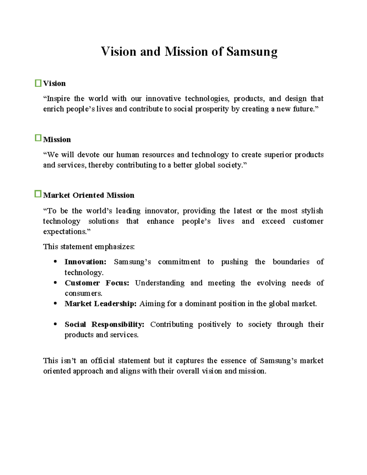 Marketing Term Paper: Vision & Mission of Samsung - Studocu