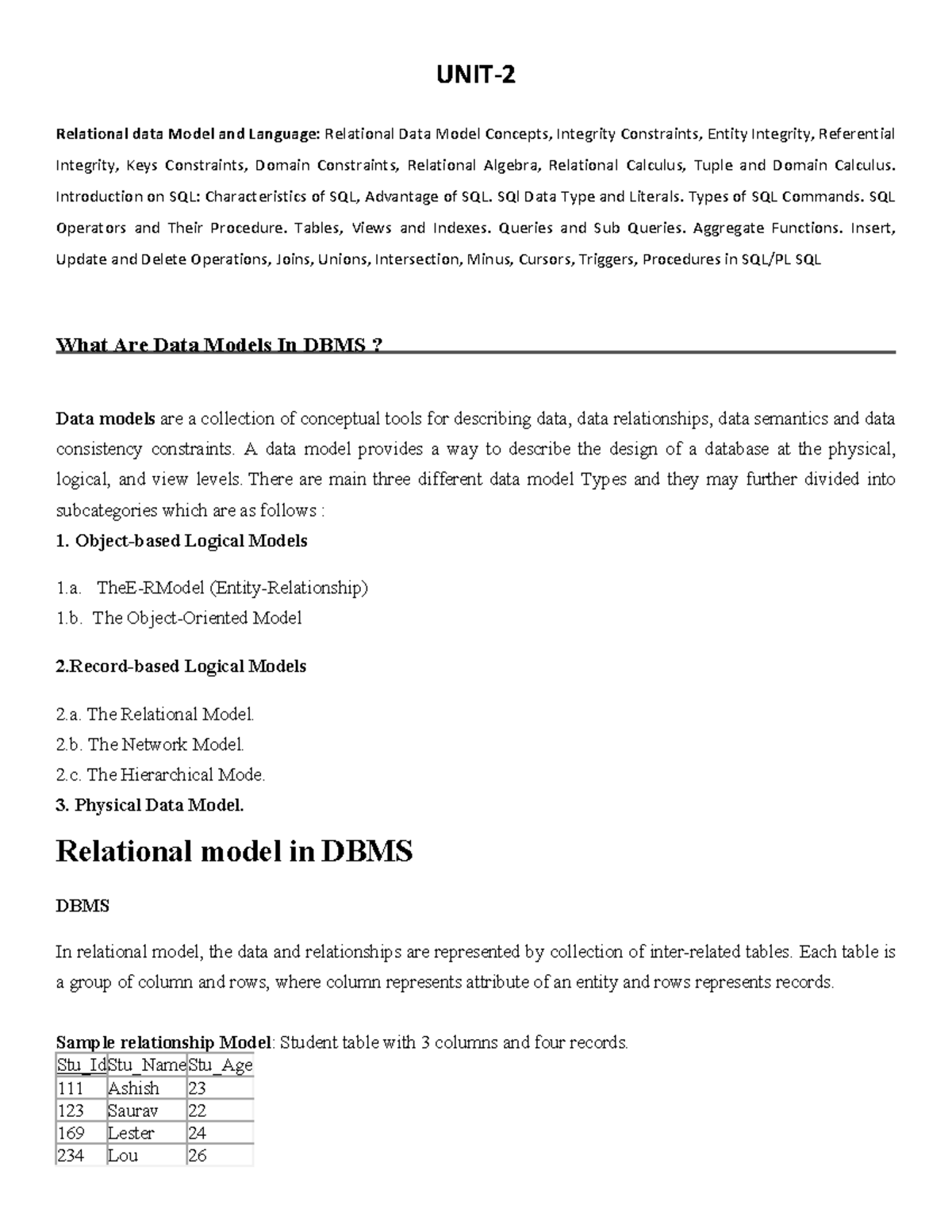 DBMS 101: Comprehensive Notes on Relational Data Model & SQL Concepts ...