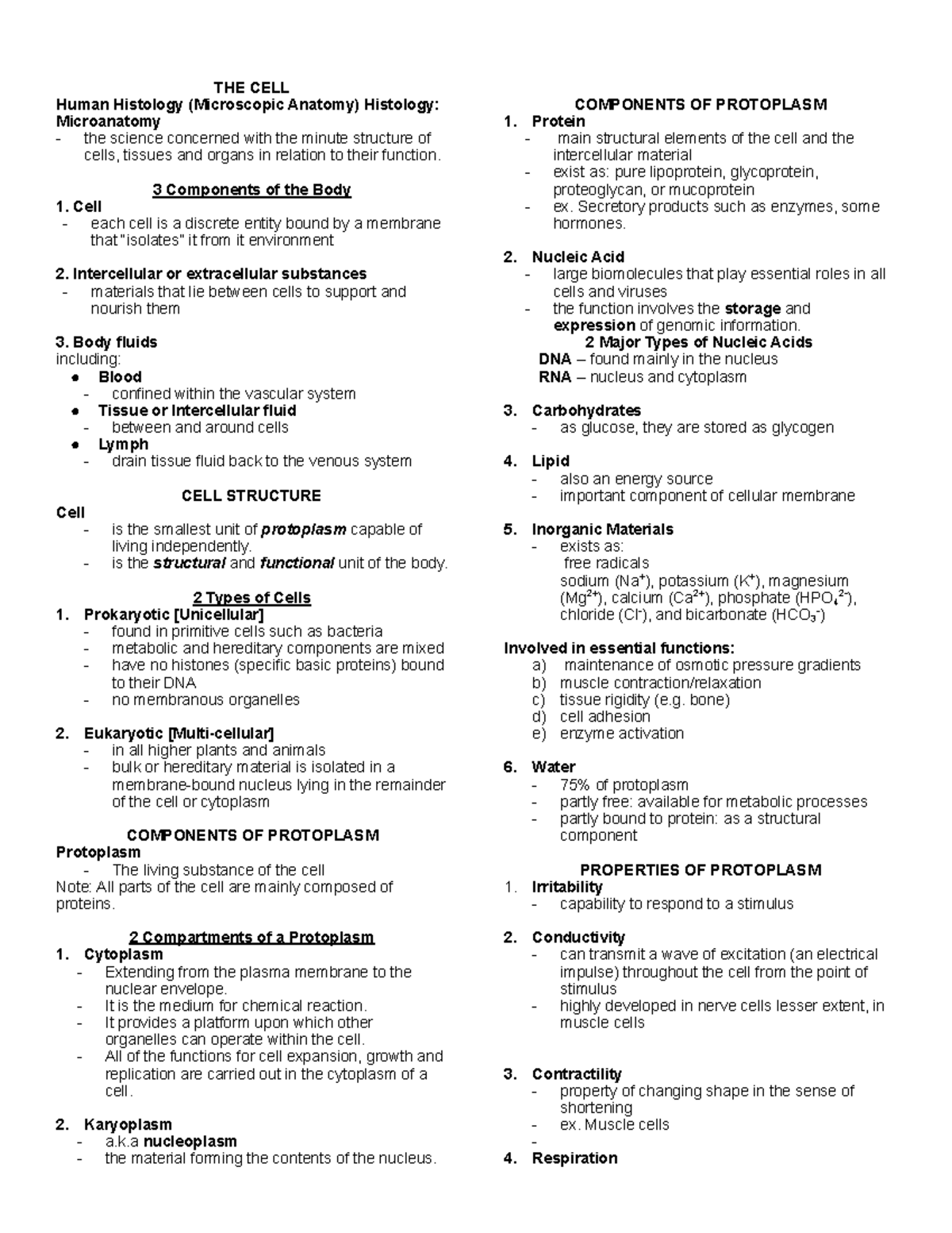 Histology Notes for 2nd Year College - Cell Structure & Function - Studocu