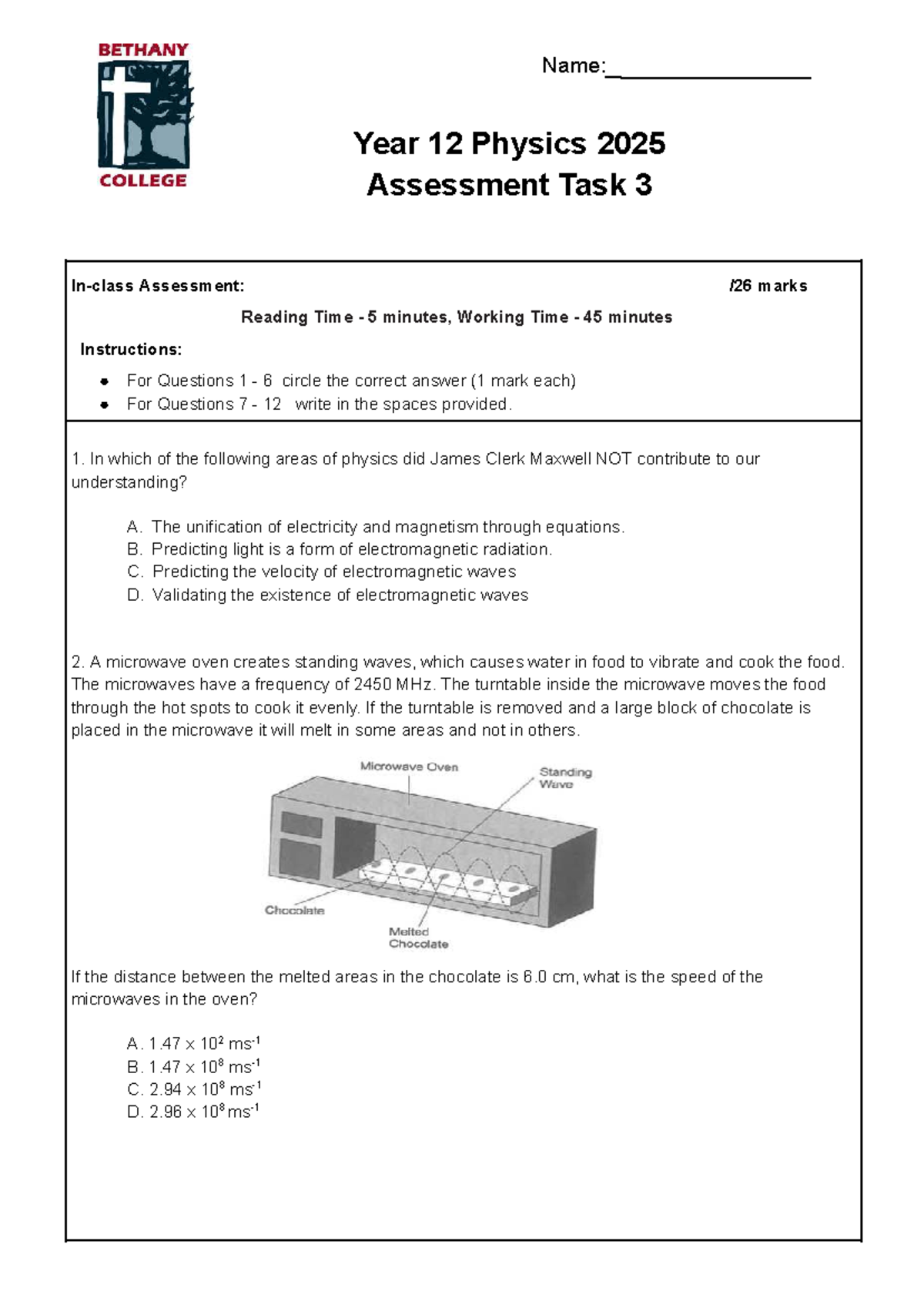 Year 12 Physics 2025 Task 3 In-Class Assessment Questions - Studocu