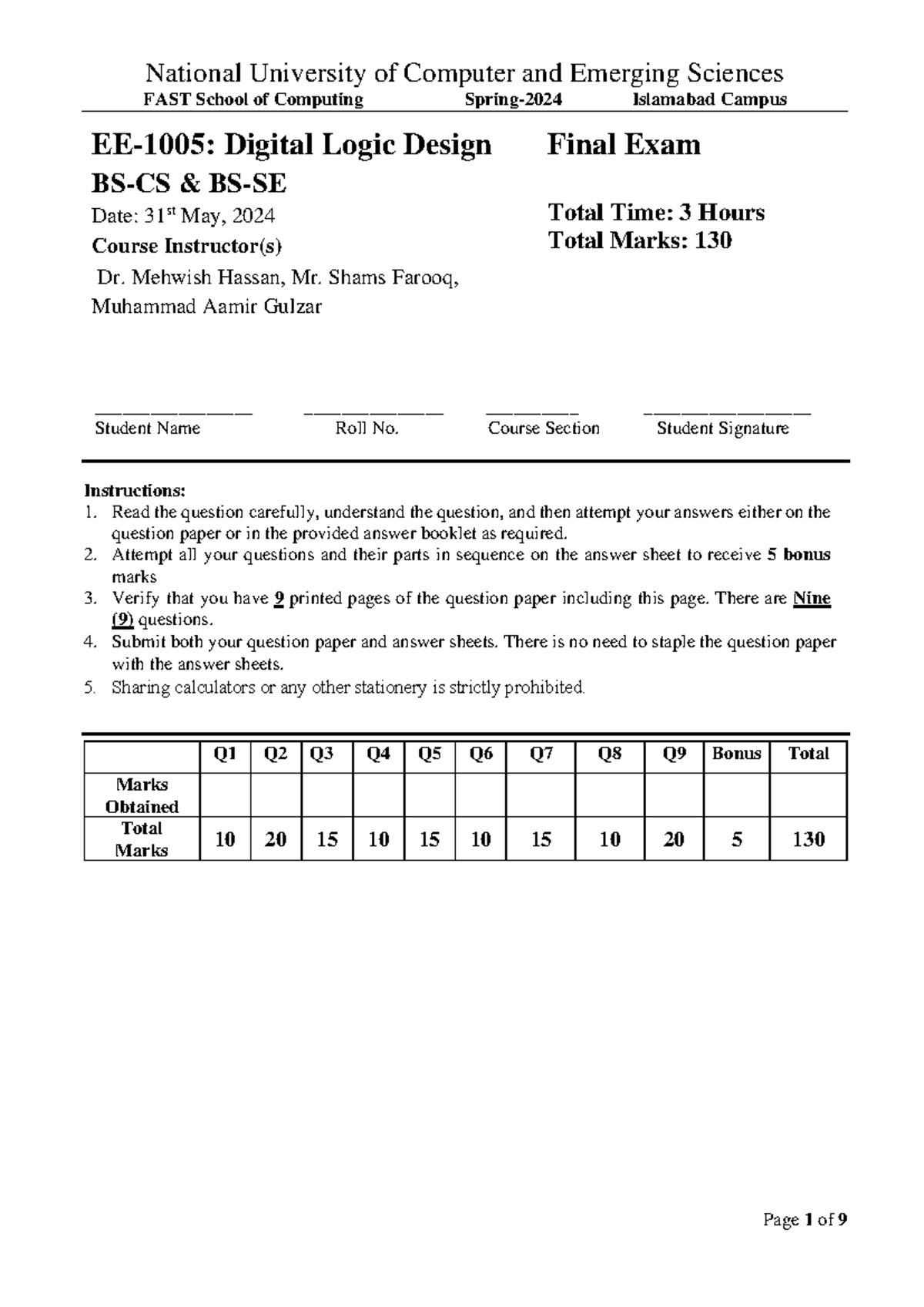 DLD - Final Exam (Spring 2024) - National University of Computing - Studocu
