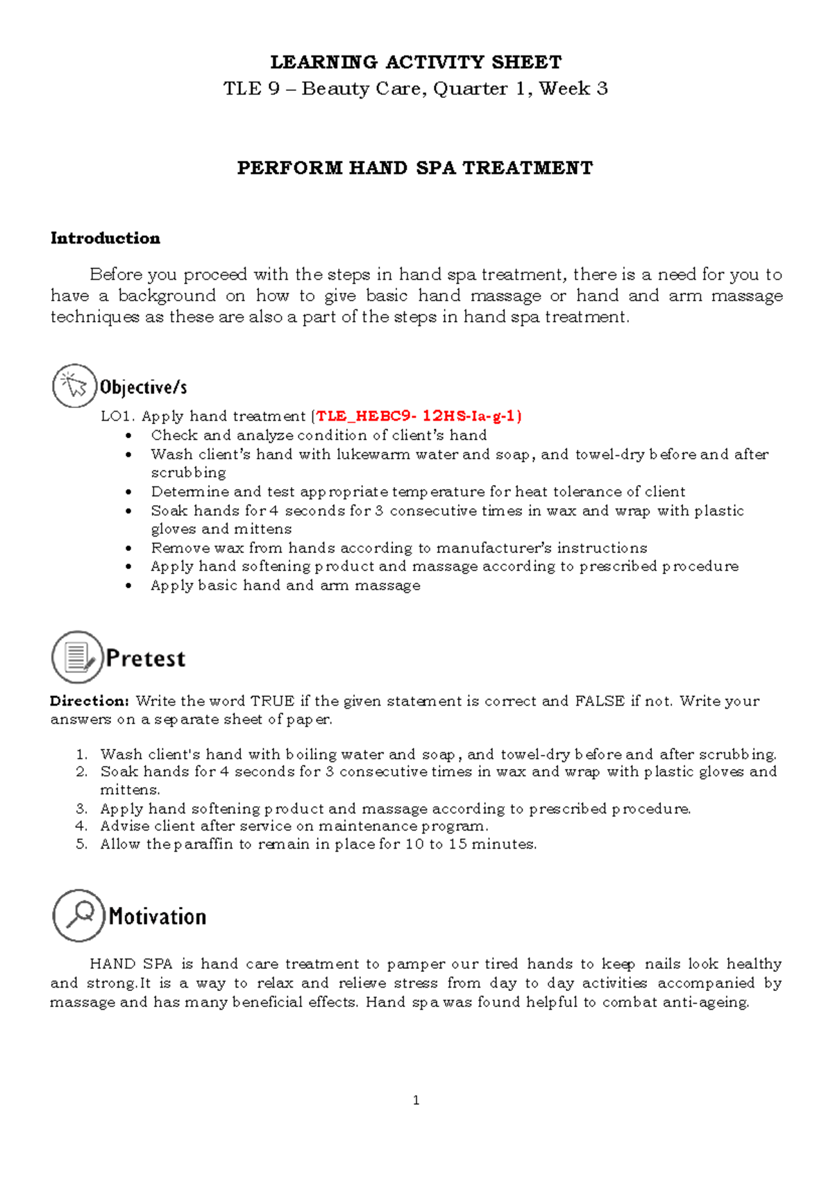 Q1 Beauty CARE WEEK3 - Lecture notes 1 - LEARNING ACTIVITY SHEET TLE 9 ...
