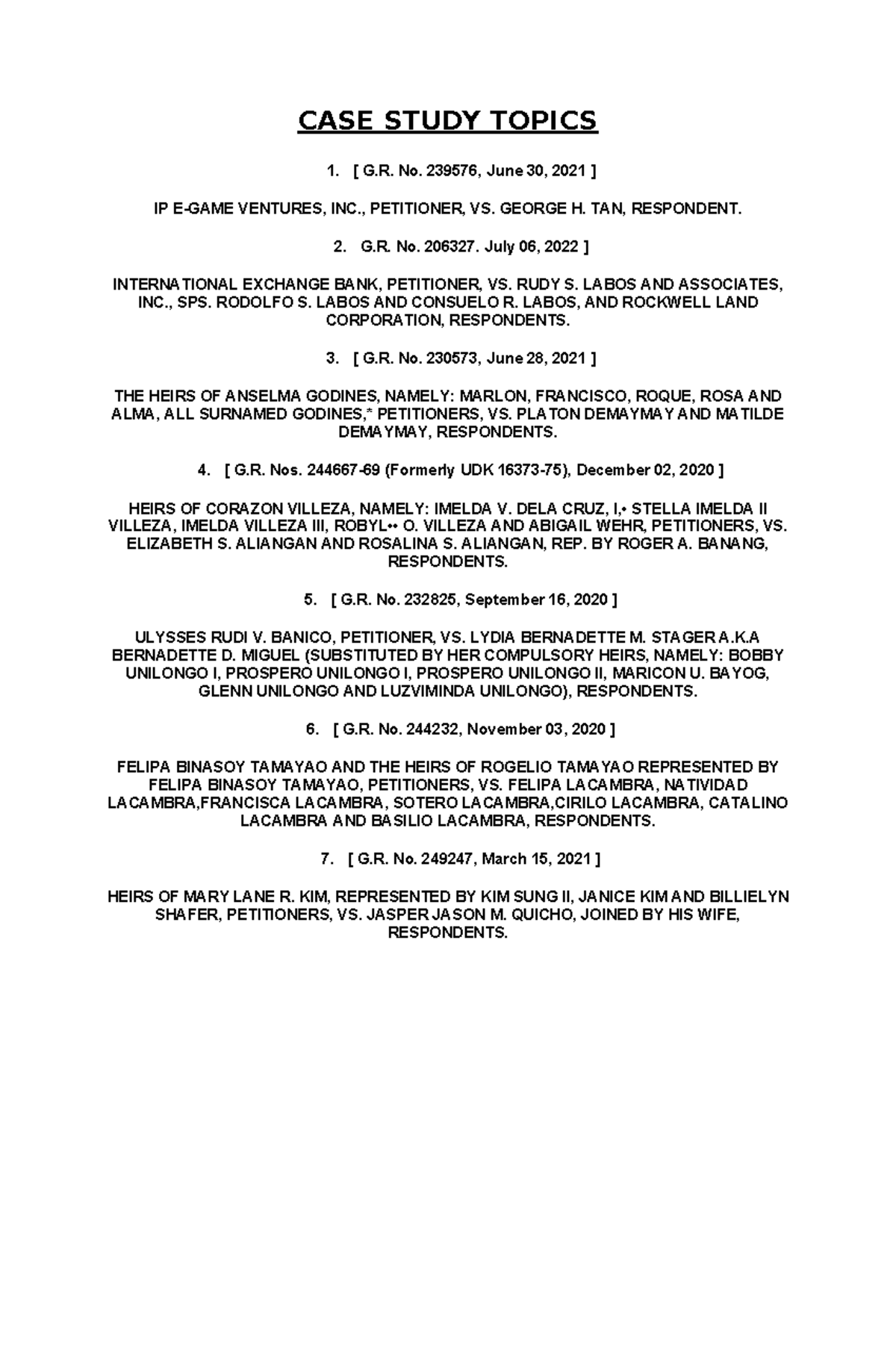 CASE STUDY TOPICS: Major Legal Cases Reviewed and Analyzed - Studocu