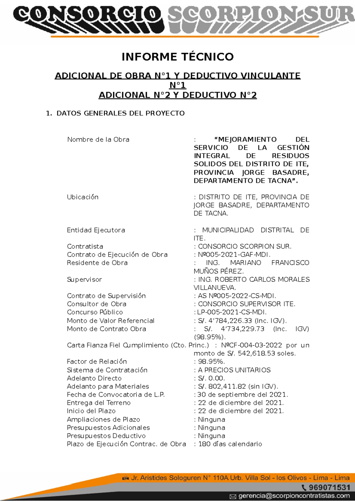 Deductivo N°01 - INFORME TÉCNICO ADICIONAL DE OBRA N°1 Y DEDUCTIVO VINCULANTE N° ADICIONAL N°2 Y ...