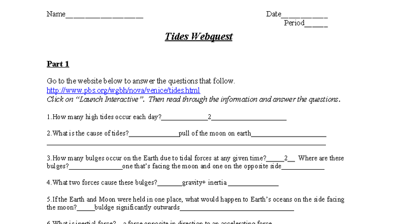Tides Webquest Part 1 & 2 - Marine Biology Insights - Studocu
