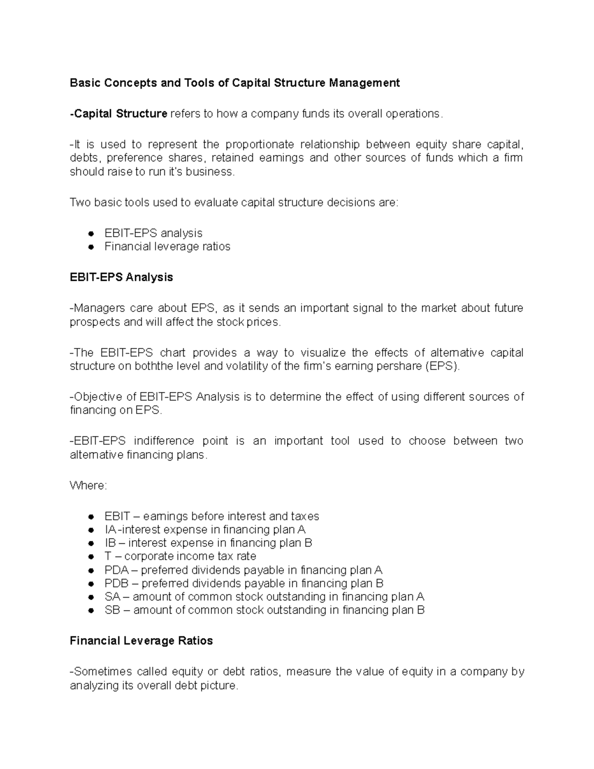 Concepts and Tools of Capital Structure Management- notes - Basic ...