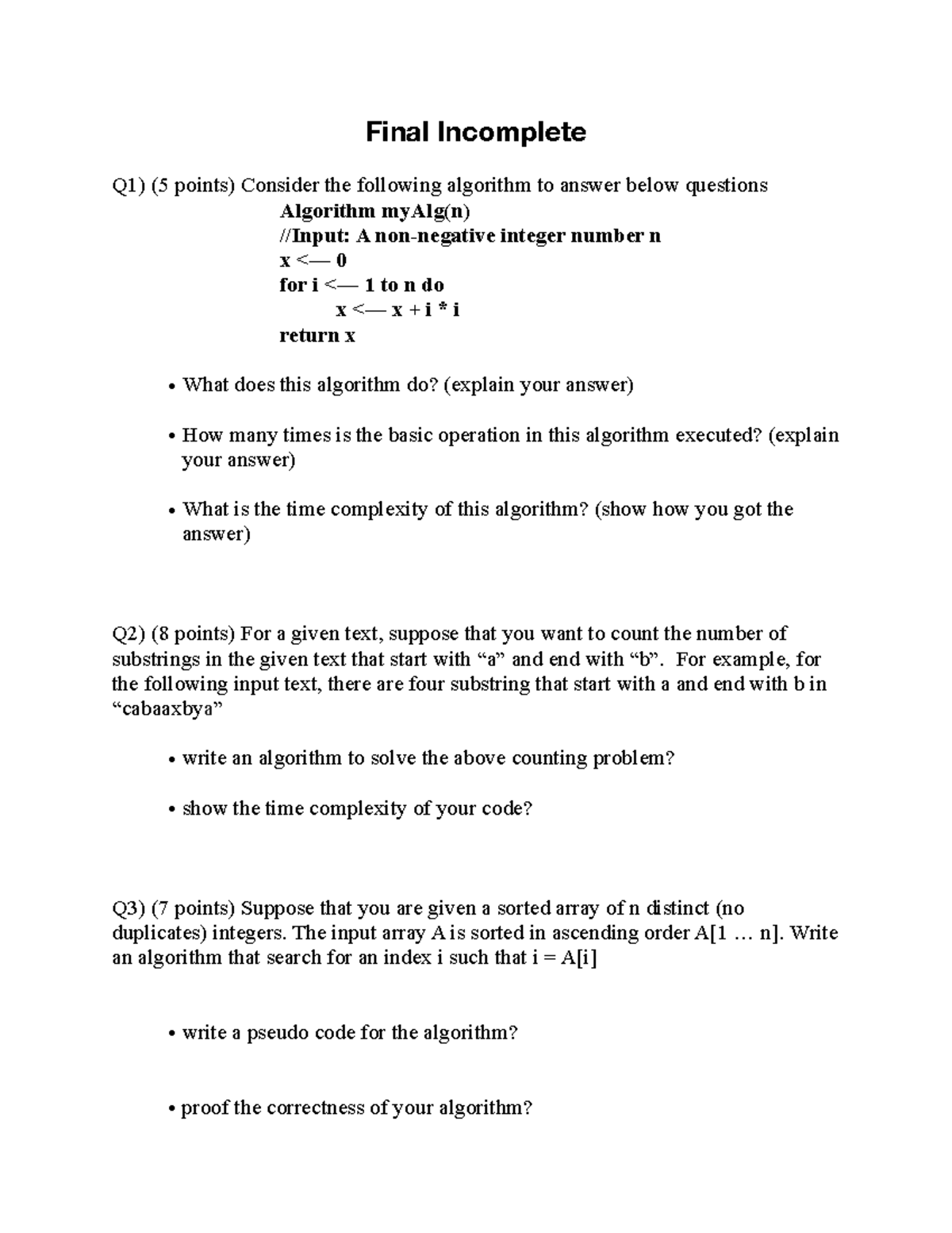 Final Exam - Algorithm Questions (CS101) - Studocu