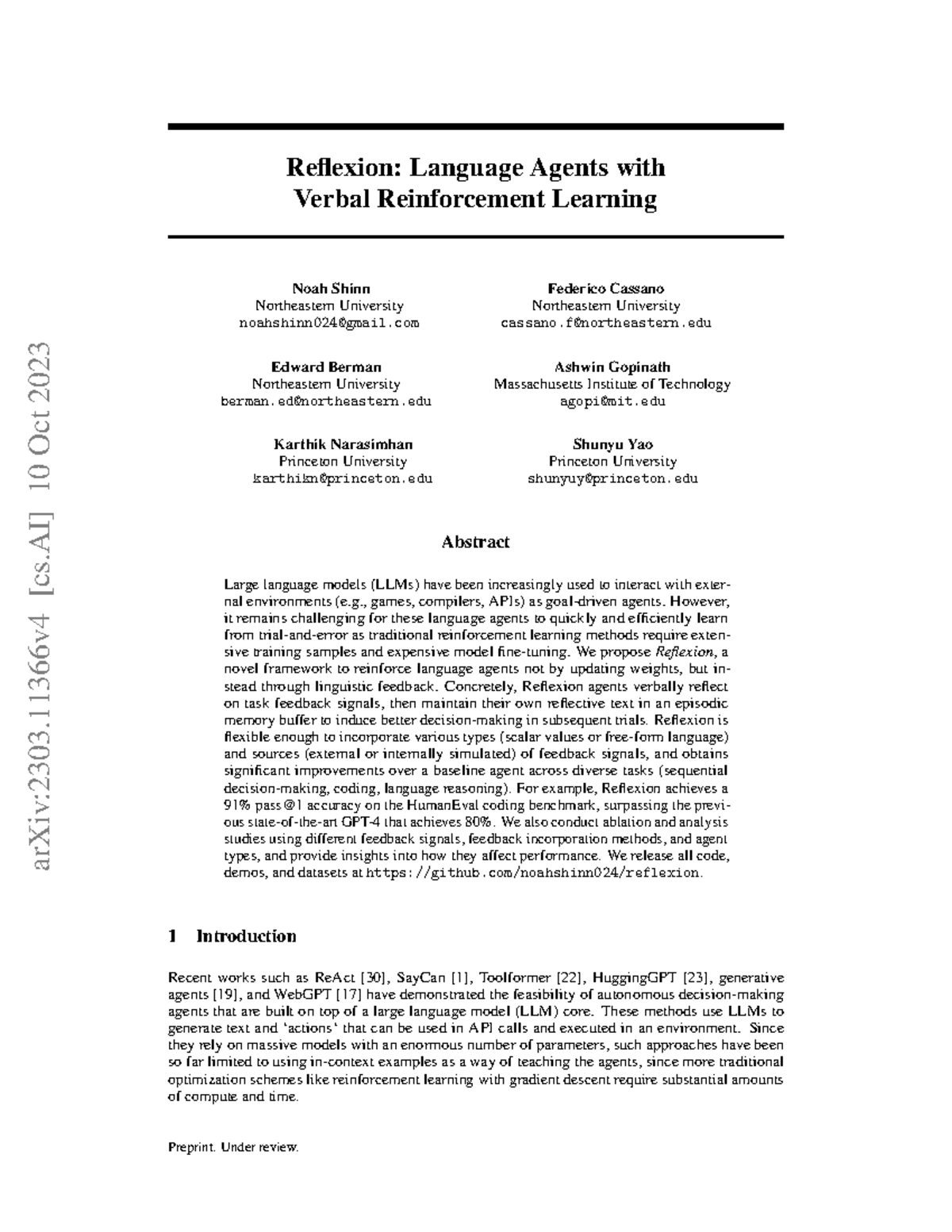 Reflexion: Language Agents with Verbal Reinforcement Learning (CS 230 ...