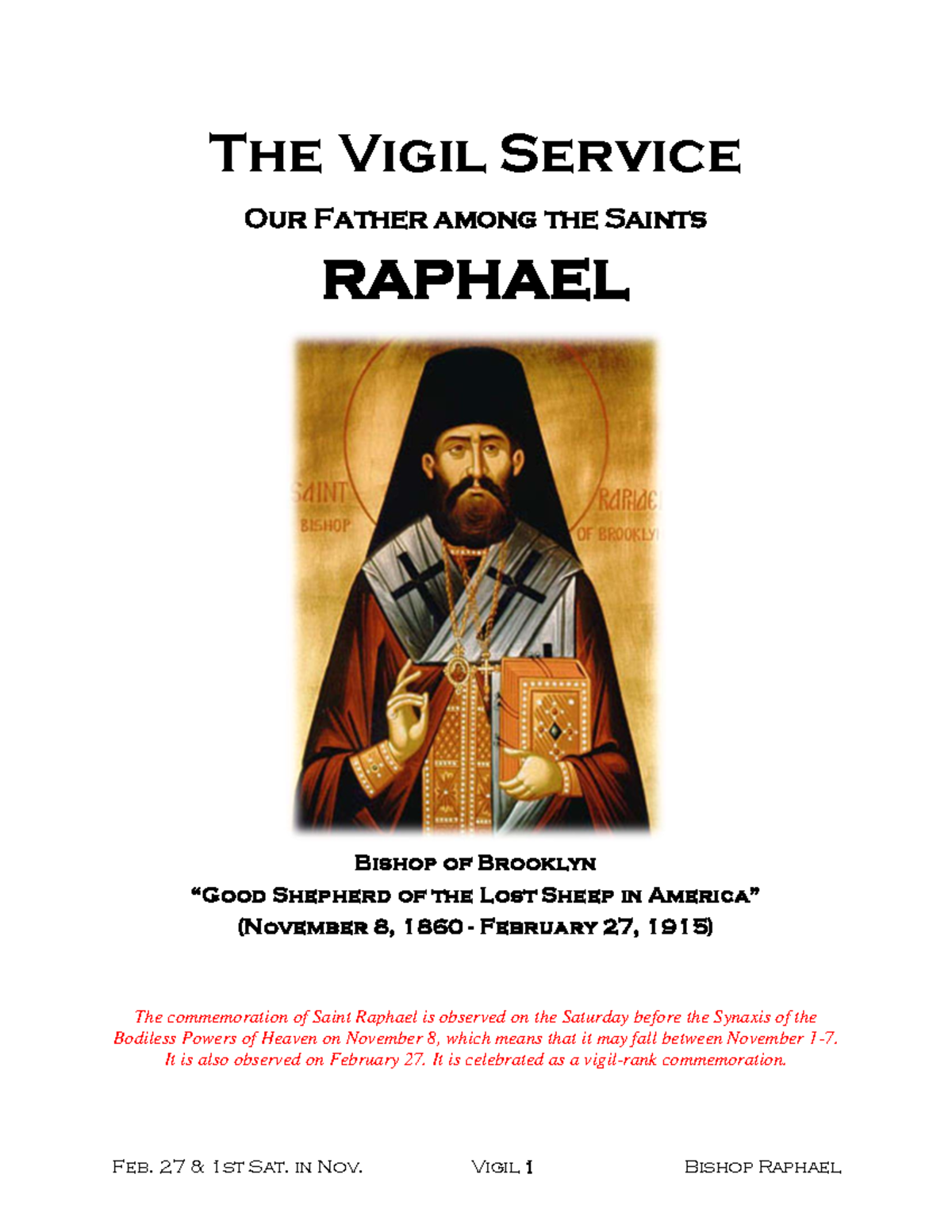 Raphael Vigil Service: Liturgical Rubrics and Commemorations - Studocu