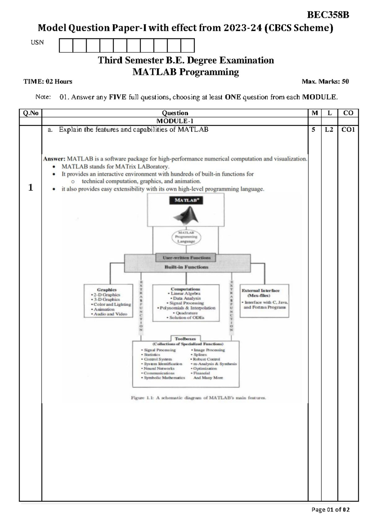 Model Question Paper for MATLAB Programming (BEC358B) - 2023-24 - Studocu