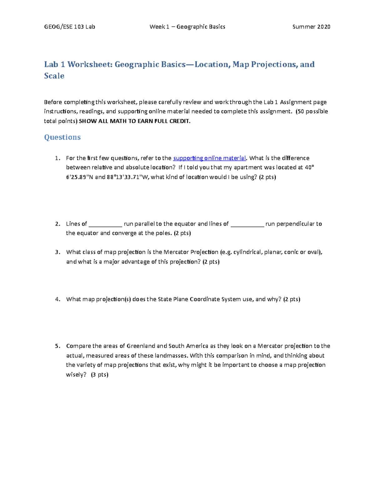 Lab 1 Worksheet: Geographic Basics - Location, Projections & Scale (S ...