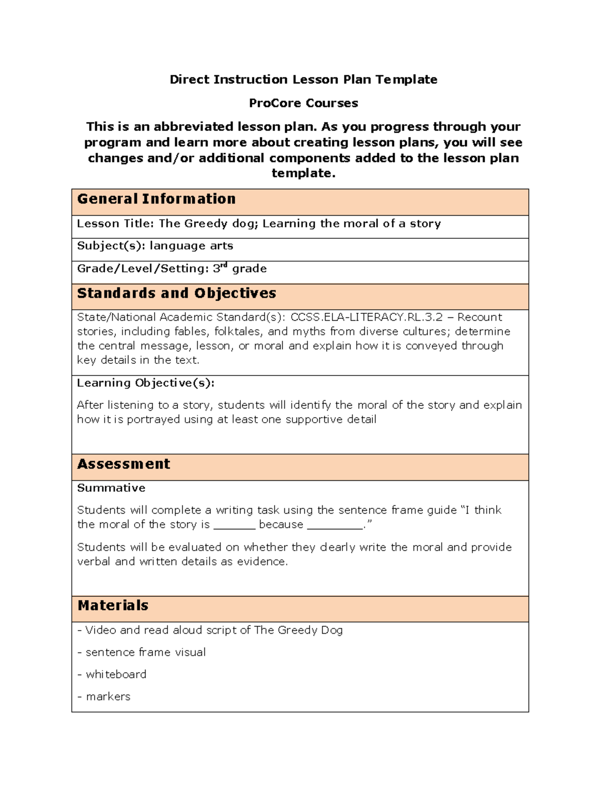 Direct Instruction Lesson Plan Template: The Greedy (D658) - Studocu