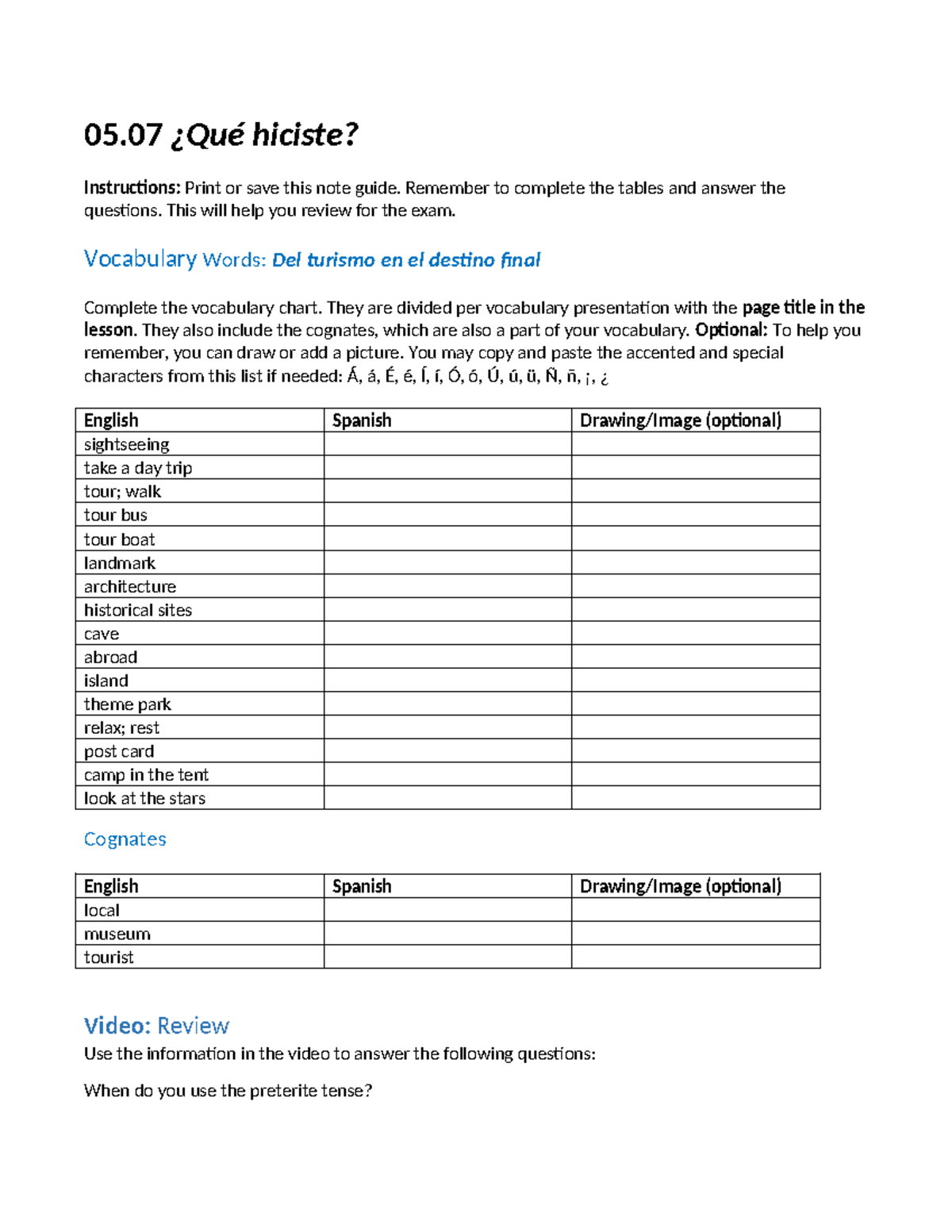 05.07 Lesson Notes: Preterite vs. Imperfect Tenses & Vocabulary Review ...