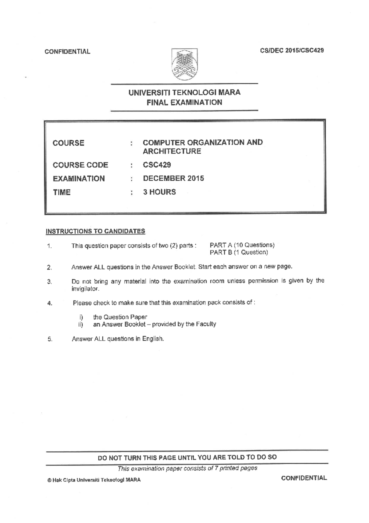 PAST YEAR CSC429 FINAL EXAMINATION - COMPUTER ORGANIZATION 2015 - Studocu