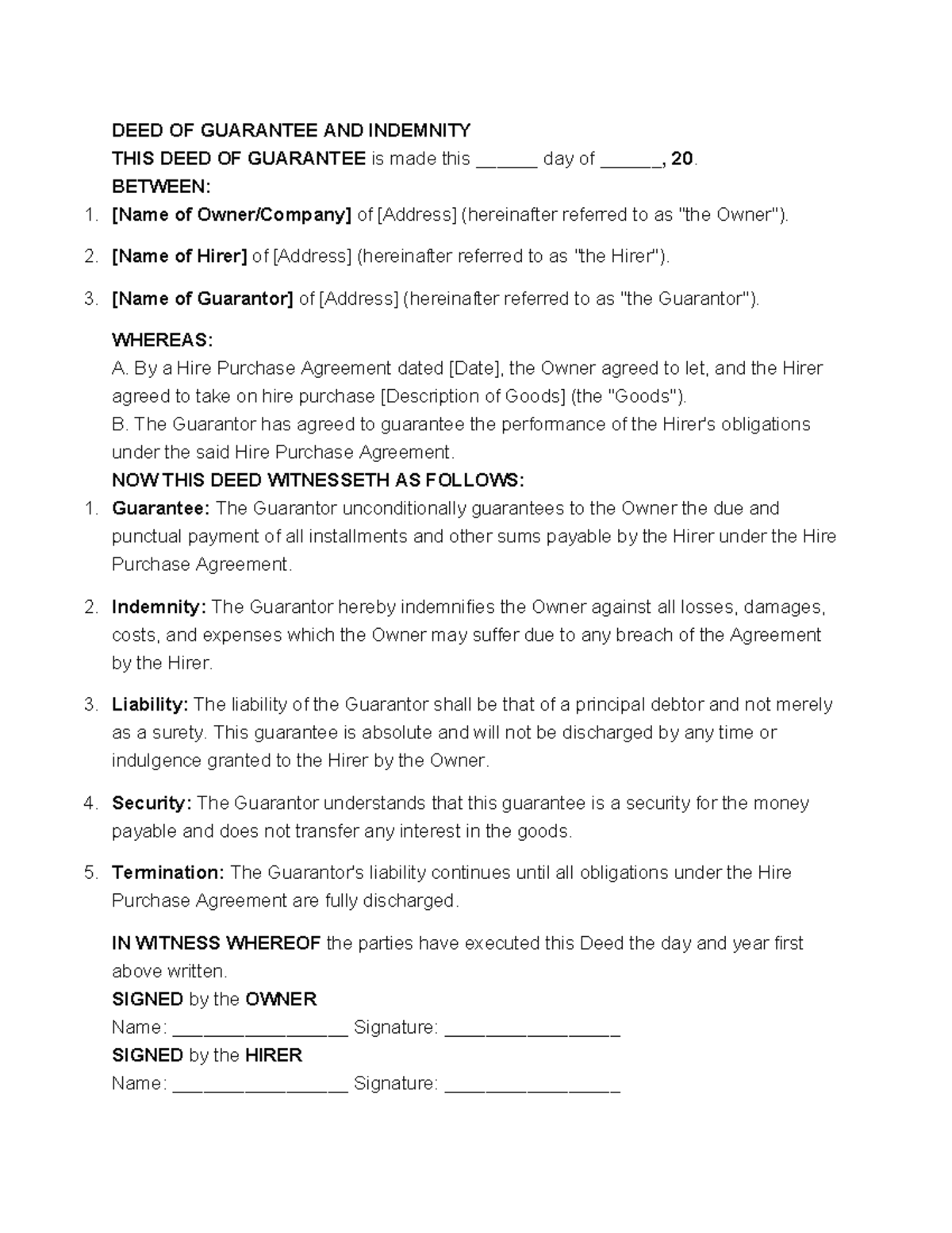Deed of Guarantee and Indemnity: Key Terms and Conditions - Studocu
