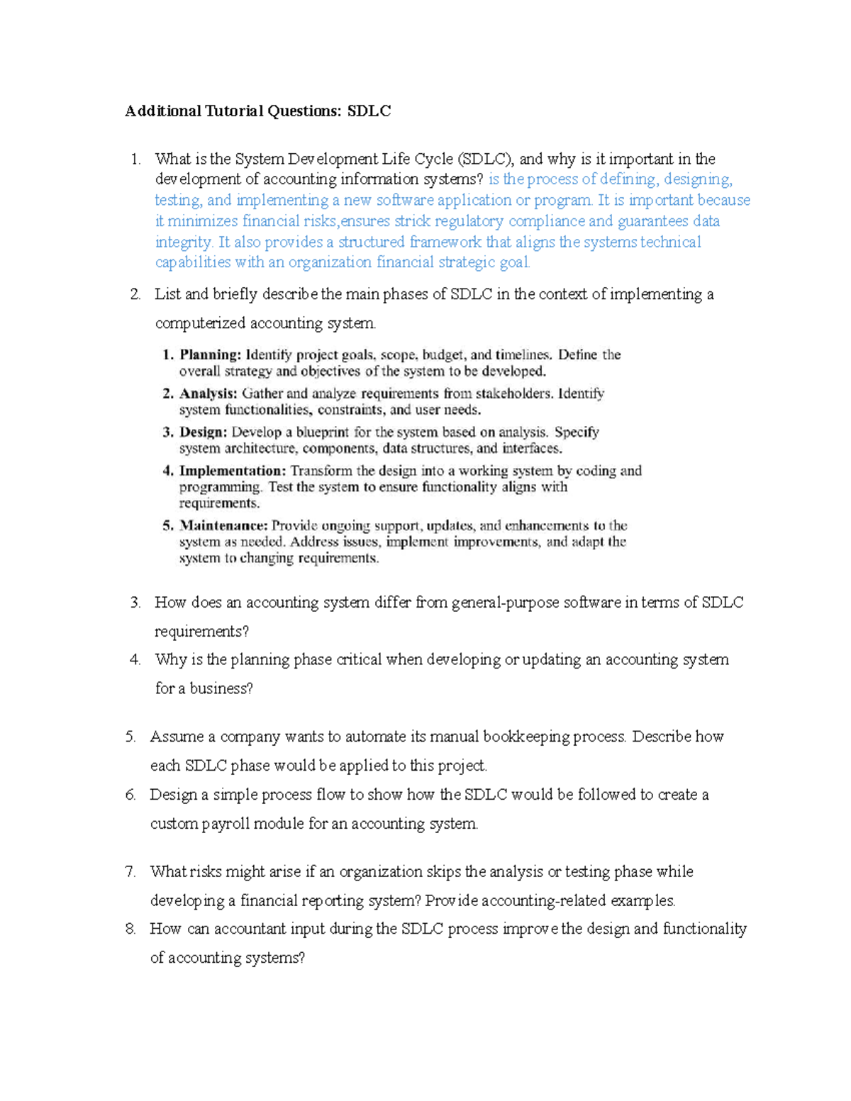 Additional Tutorial Questions: SDLC for Accounting Systems - Studocu