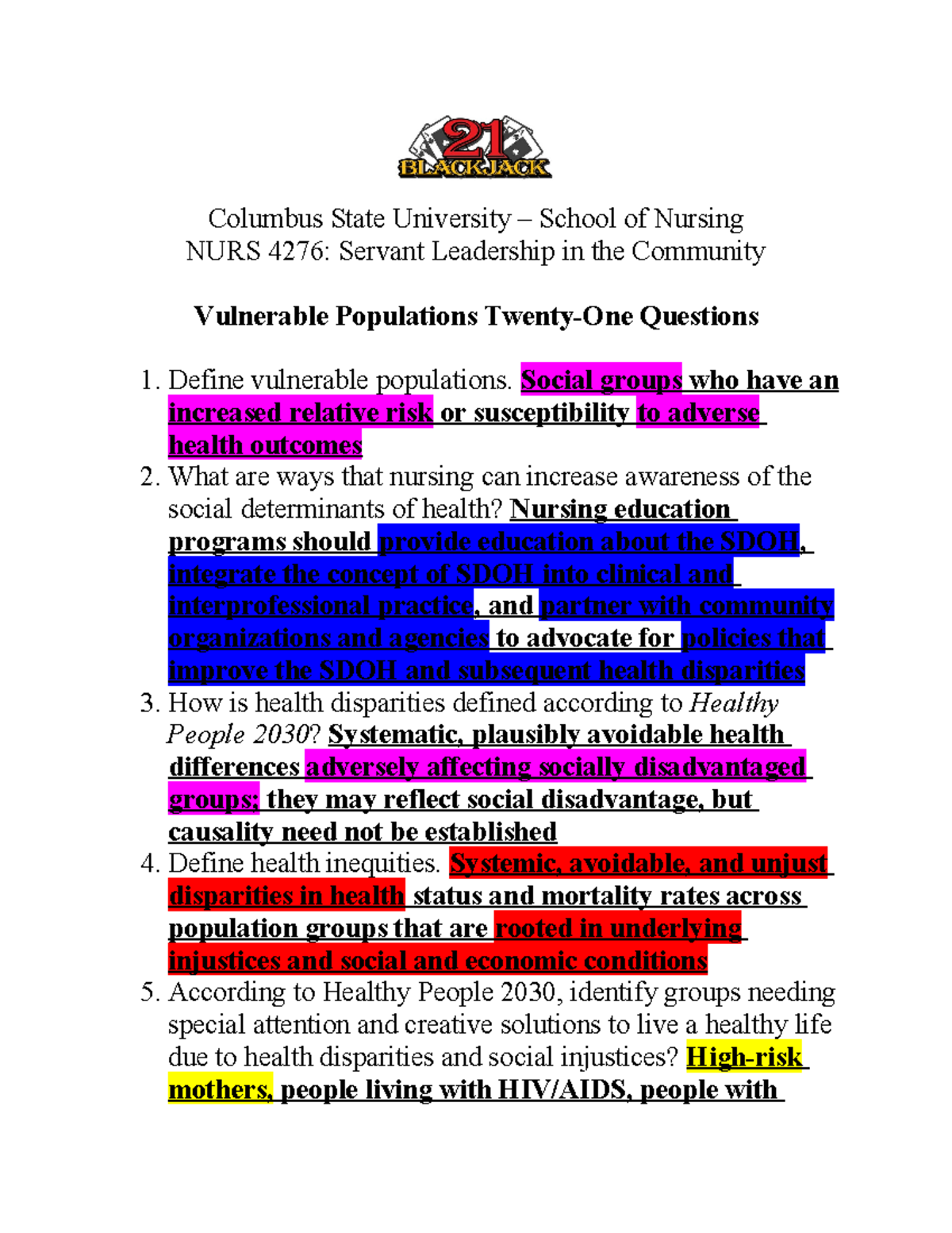 NURS 4276 Final Exam Study Guide: Vulnerable Populations Qs 1-21 - Studocu