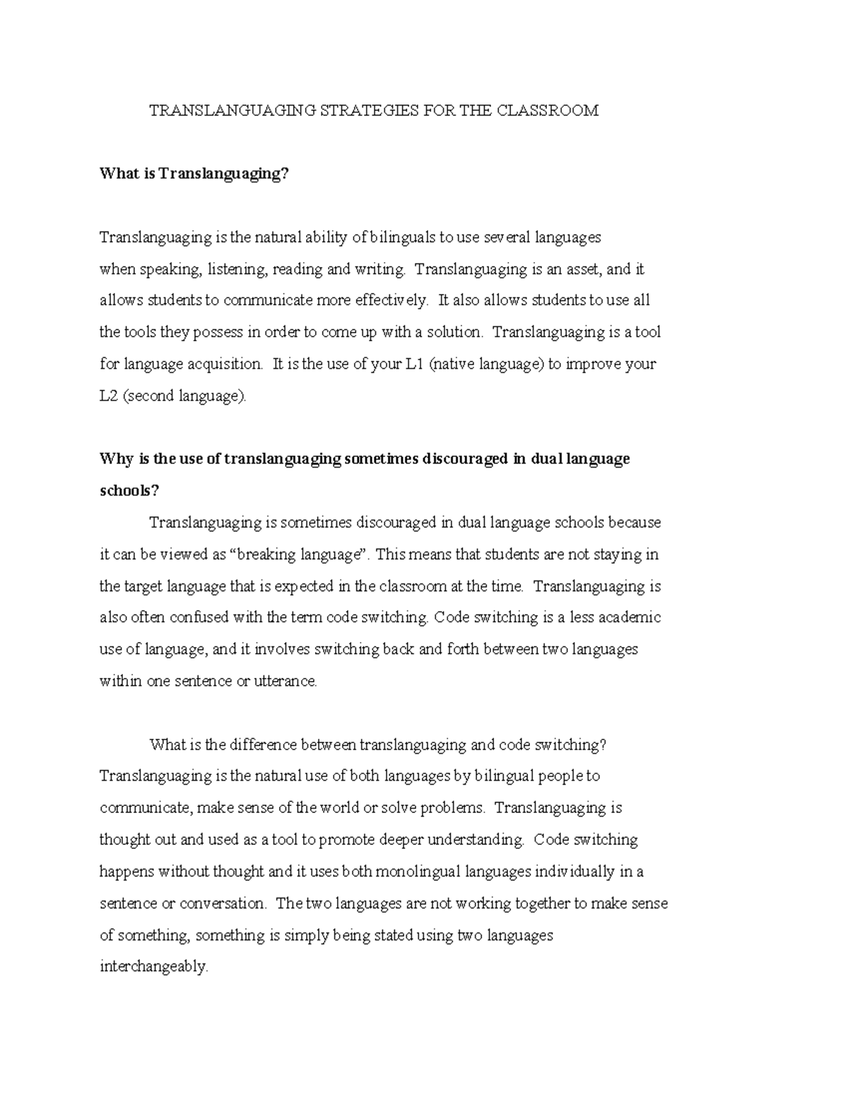 Translanguaging Strategies for the Classroom: Enhancing Bilingual ...