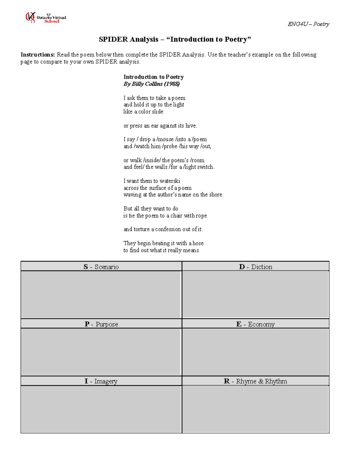 ENG4U SPIDER Analysis of "Introduction to Poetry" by Billy Collins ...