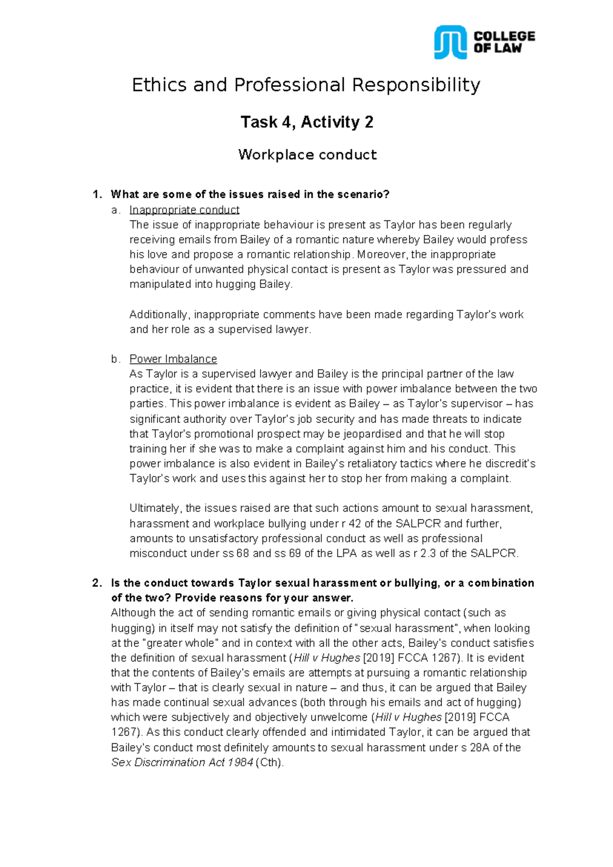 EPR T4 A2 - Analyzing Workplace Conduct and Harassment Issues - Studocu