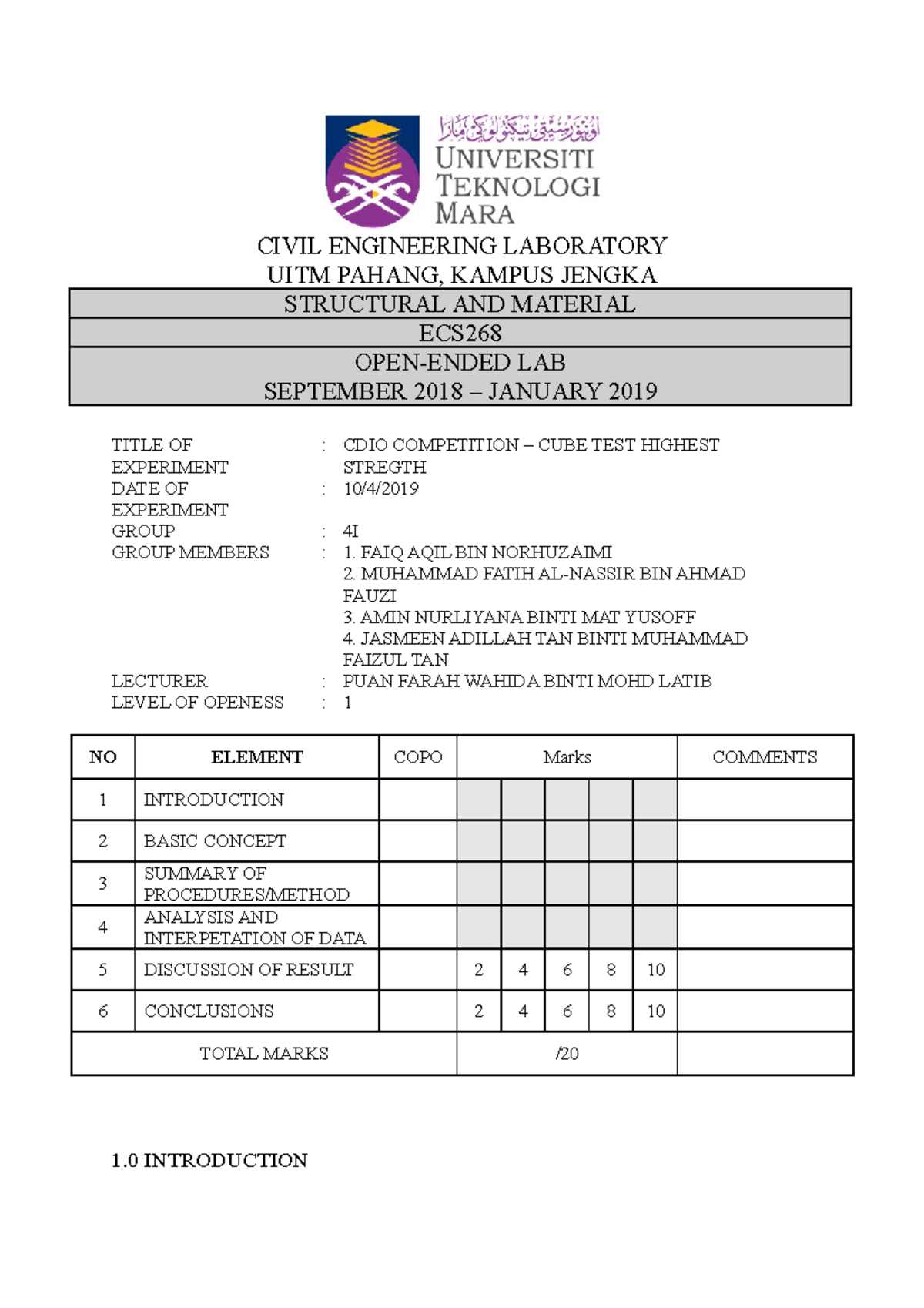 LAB Report on CDIO Competition: Mixed Concrete Strength Test – ECS ...