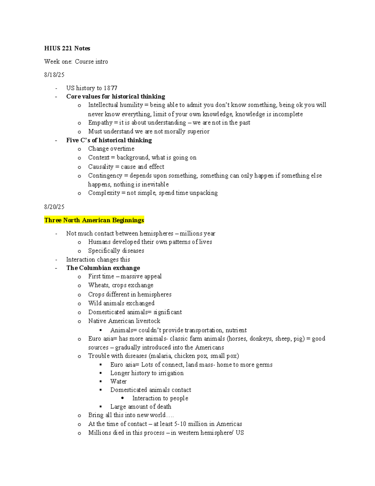 HIUS 221 Lecture Notes: Week 1 - Intro to US History to 1877 - Studocu