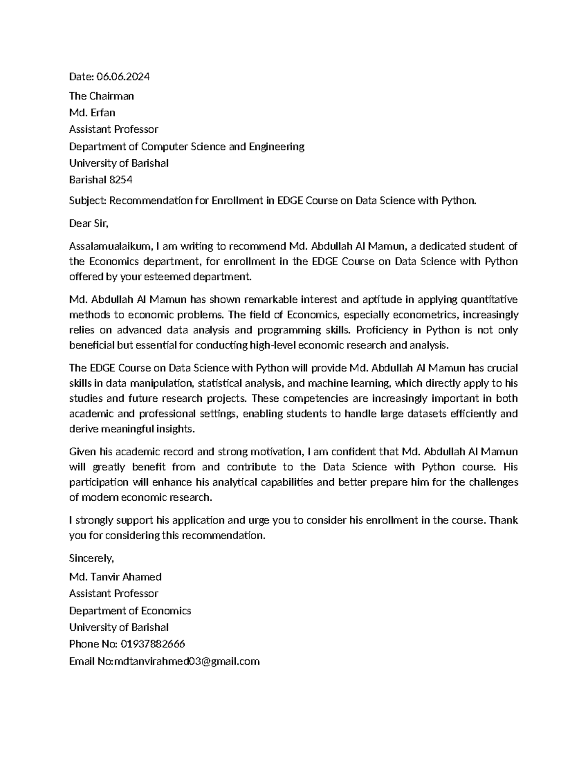 Recommendation Letter for EDGE Course in DS with Python - CSE - Studocu