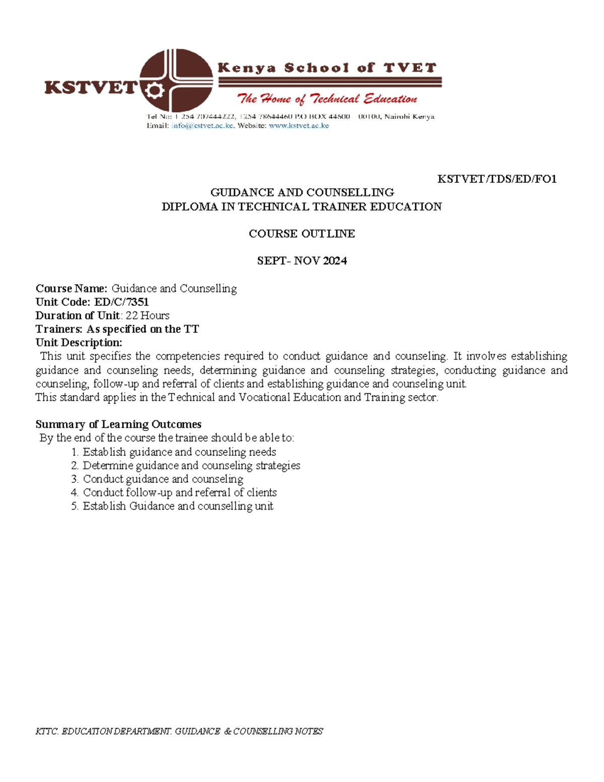 GUIDANCE AND COUNSELLING NOTES FOR CBET TRAINING - NOV 2024 - Studocu