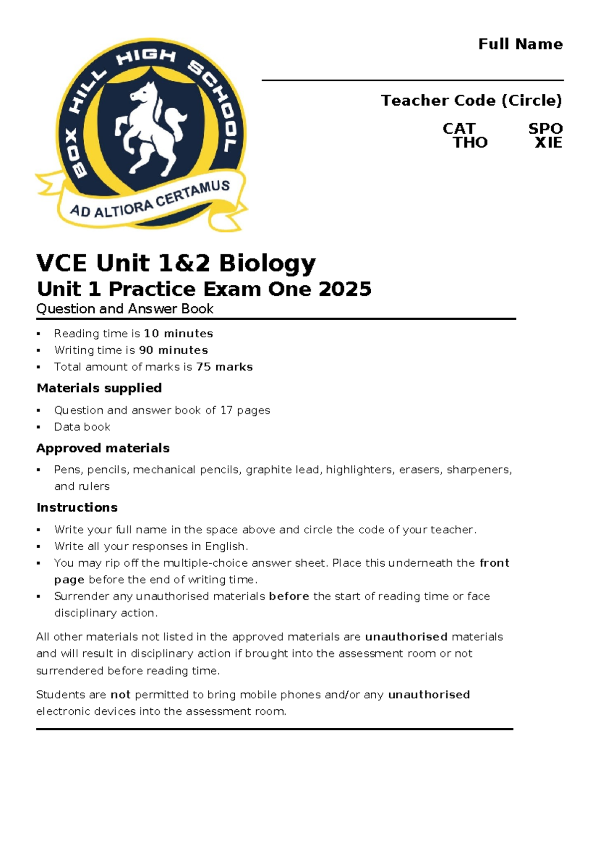 11 VCE Biology Unit 1 Practice Exam One 2025: Questions & Answers - Studocu