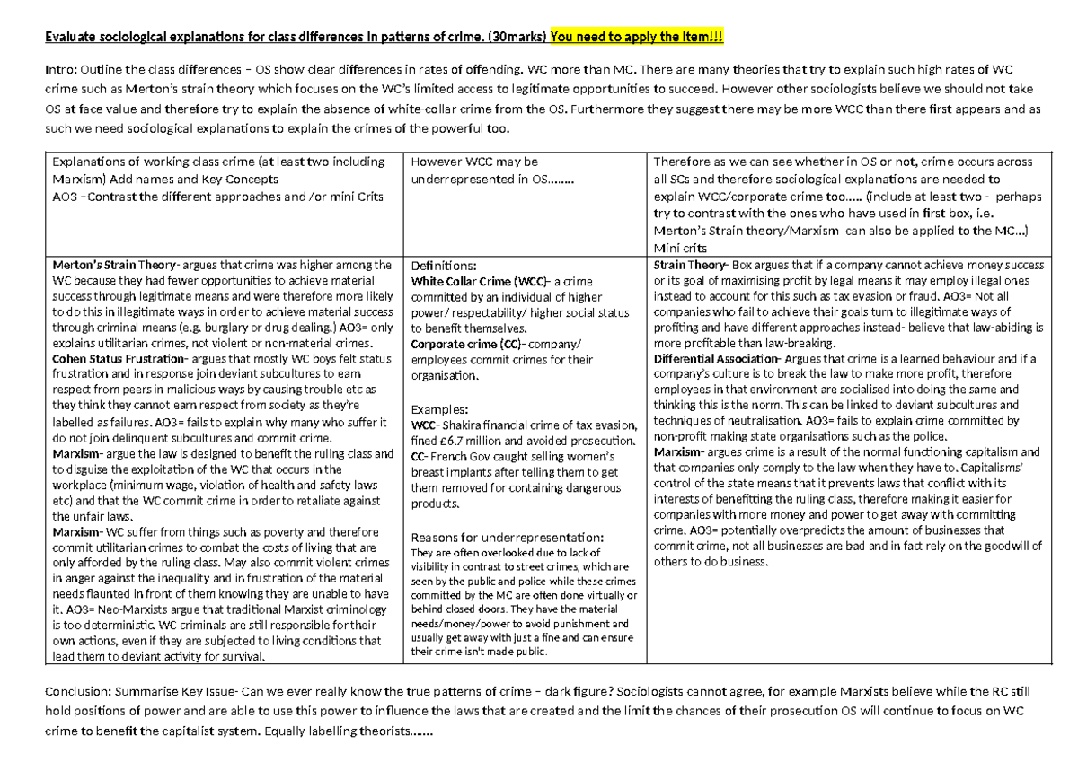 Sociological Explanations for Class Differences in Crime (30 Marks Plan ...