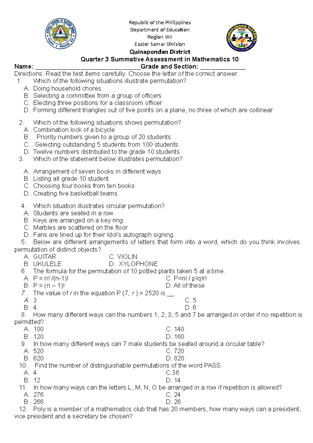 Quarter 3 Summative Exam in Math 10: Permutations & Combinations - Studocu
