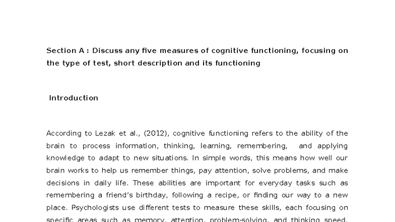 Cognitive Functioning Measures: Tests & Descriptions (PSY 101) - Studocu