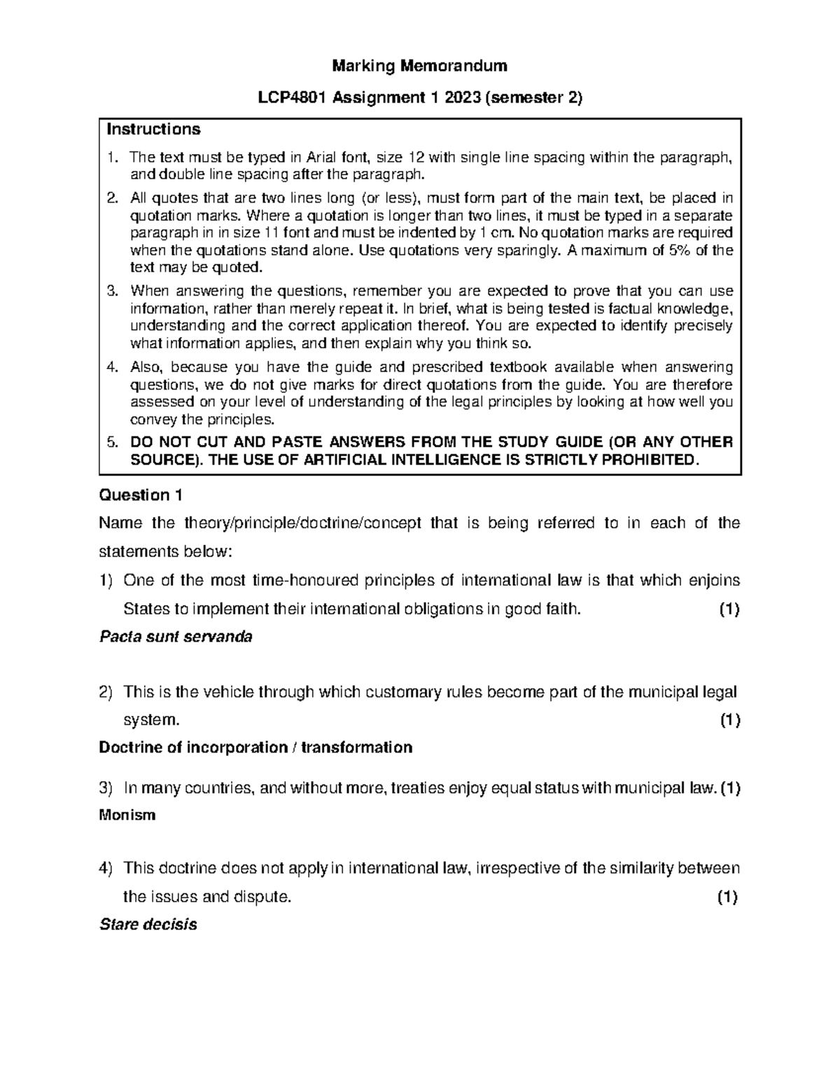 Marking Memorandum Assignment 1 semester 2 2023 (003) - Marking ...