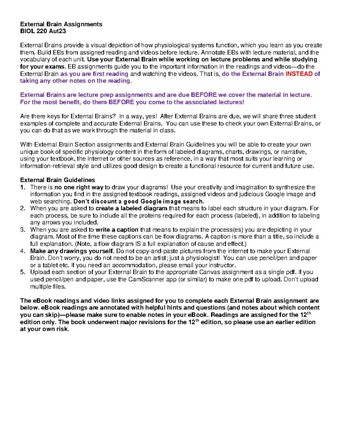 BIOL 220 External Brain Assignments Overview - Aut 23 - Studocu