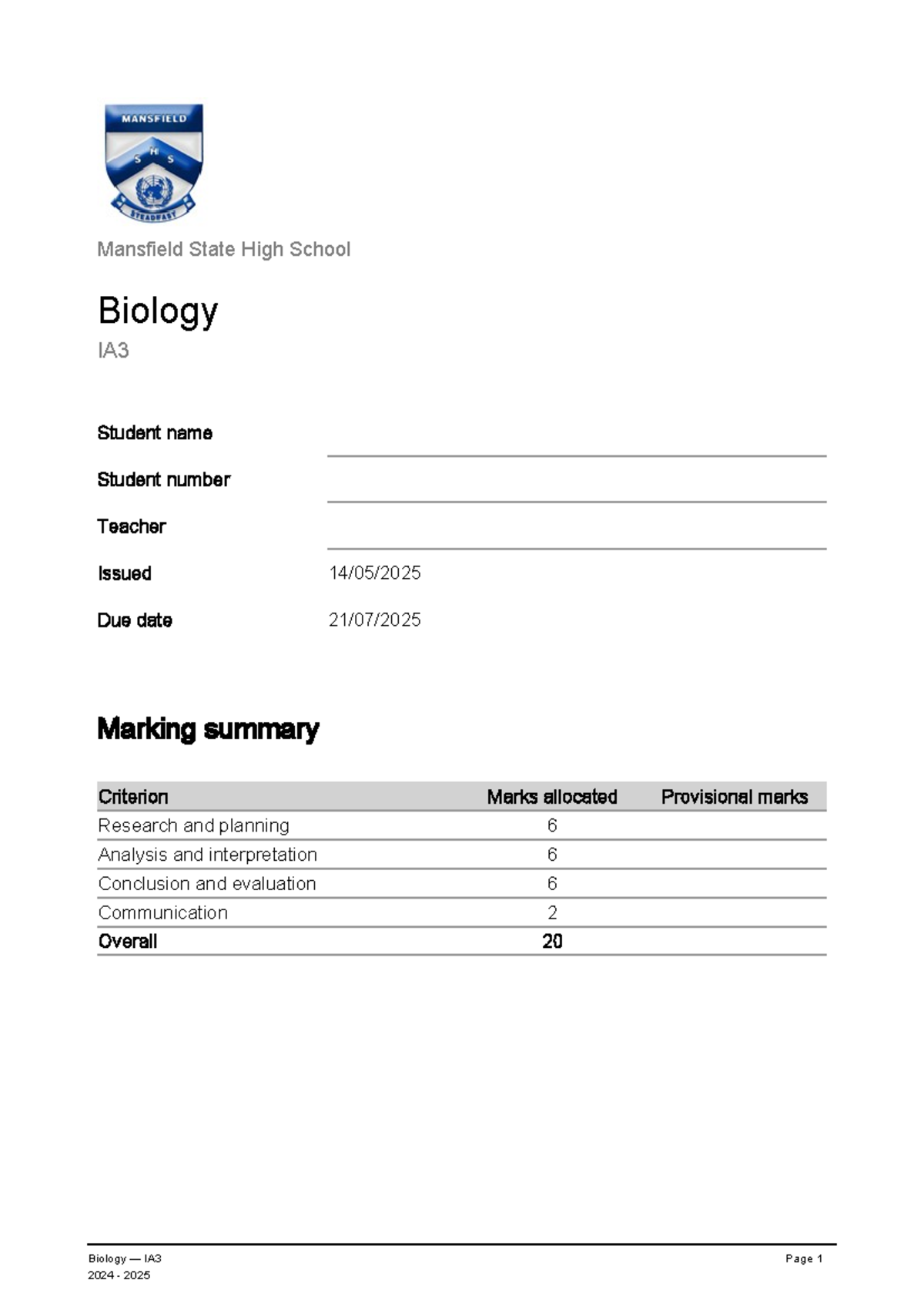 Biology IA3 2025: Research Investigation Tasksheet and Marking Guide ...