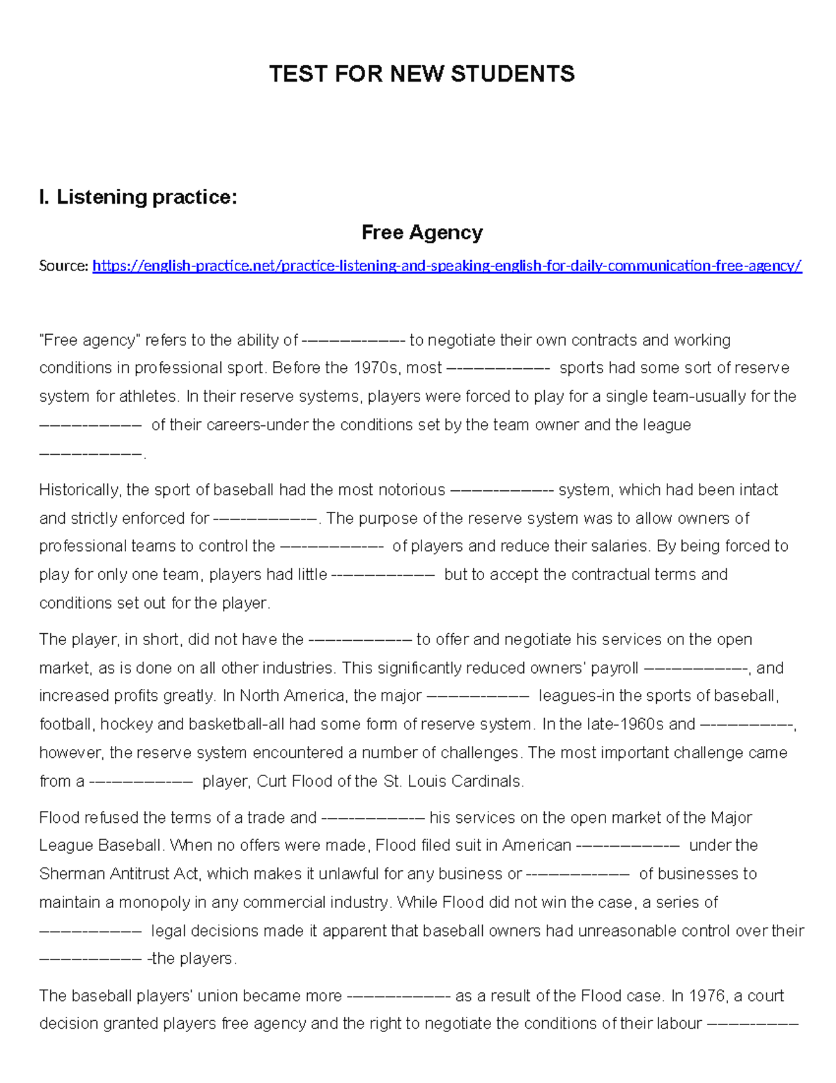 Free Agency in Professional Sports: A Test for New Students (TEST 19 ...