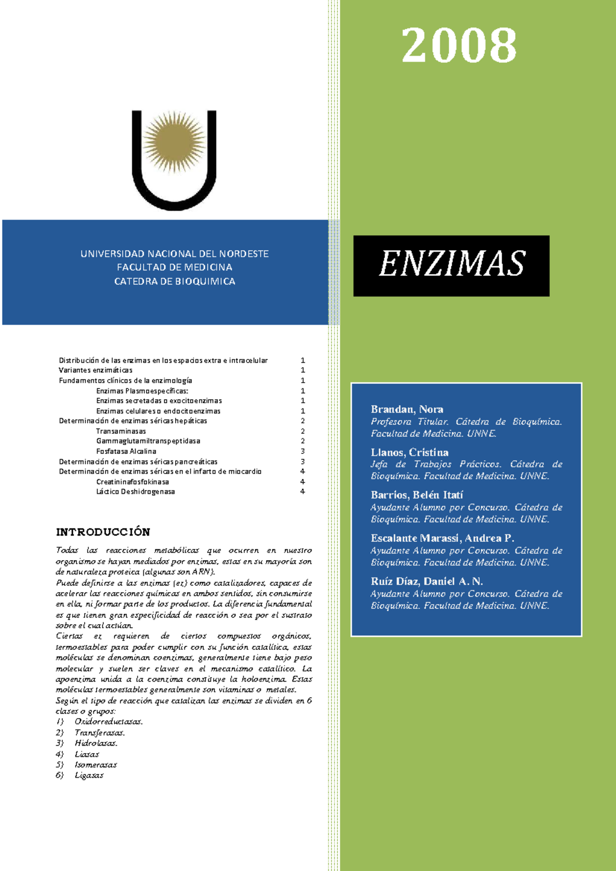 2008 ENZIMAS CLÍNICAS - CÁTEDRA DE BIOQUÍMICA - UNNE - Studocu