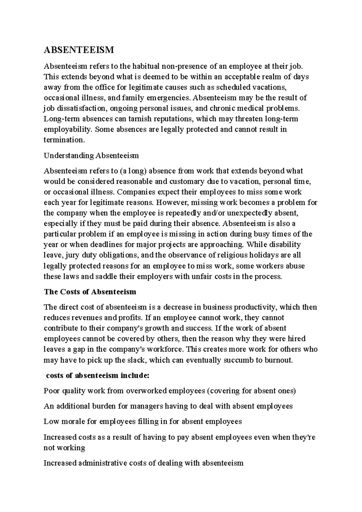 Module V: Understanding Employee Absenteeism and Its Impacts - Studocu